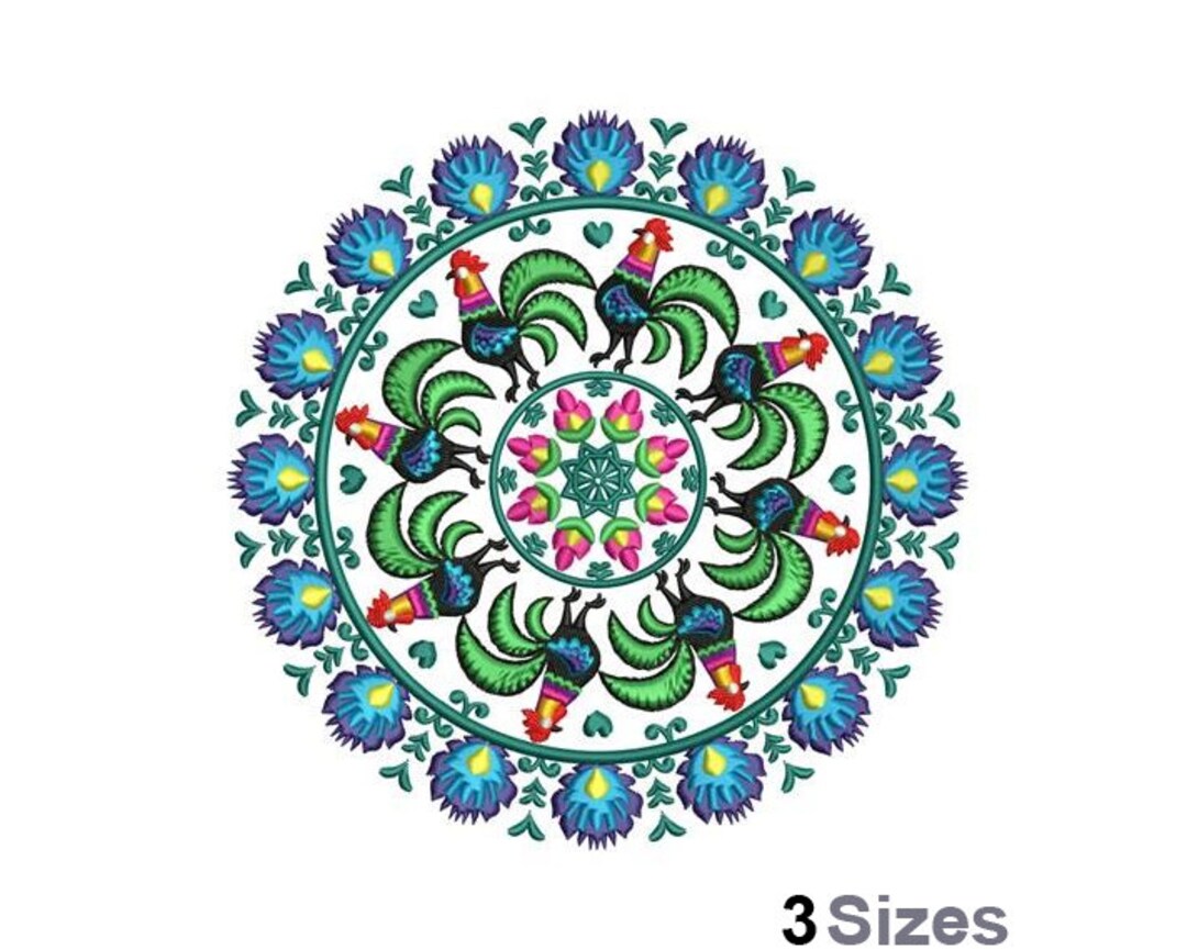Folk Art Roosters Mandala - Machine Embroidery Design - 3 Sizes ...