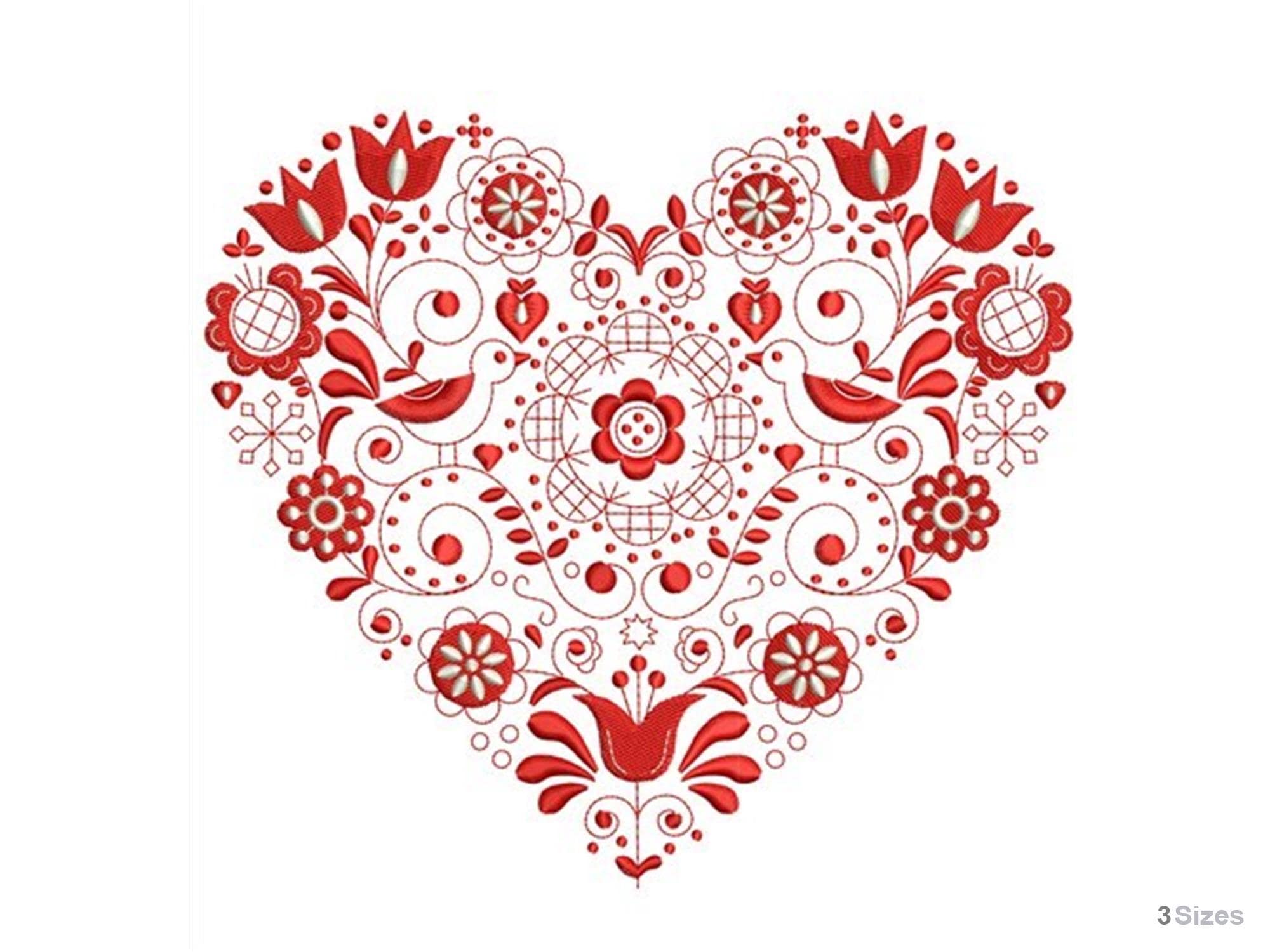 Folk Art Floral Heart - Machine Embroidery Design - 3 Sizes, Flower ...
