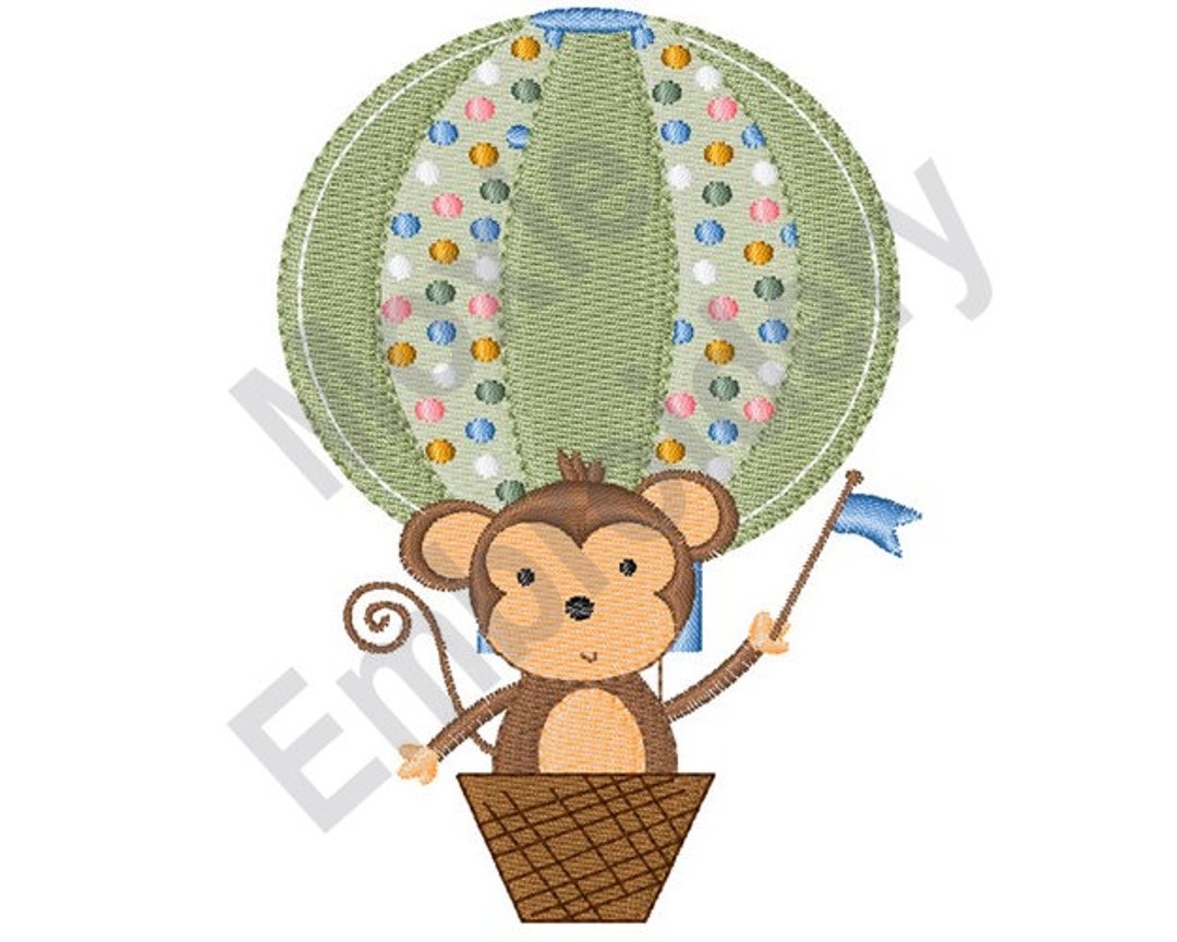 Hot Air Balloon Monkey Machine Embroidery Design, Flying Baby Monkey ...