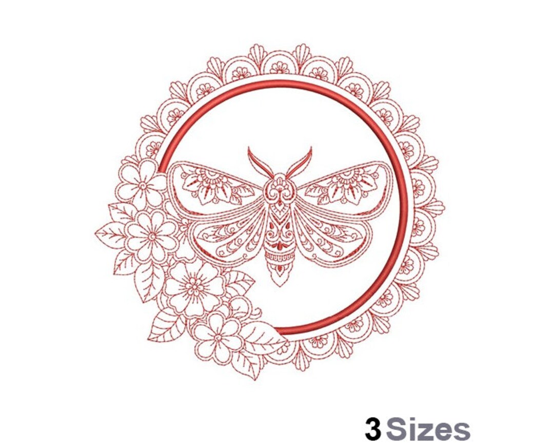 Floral Moth Circle - Machine Embroidery Design - 3 Sizes, Moth ...