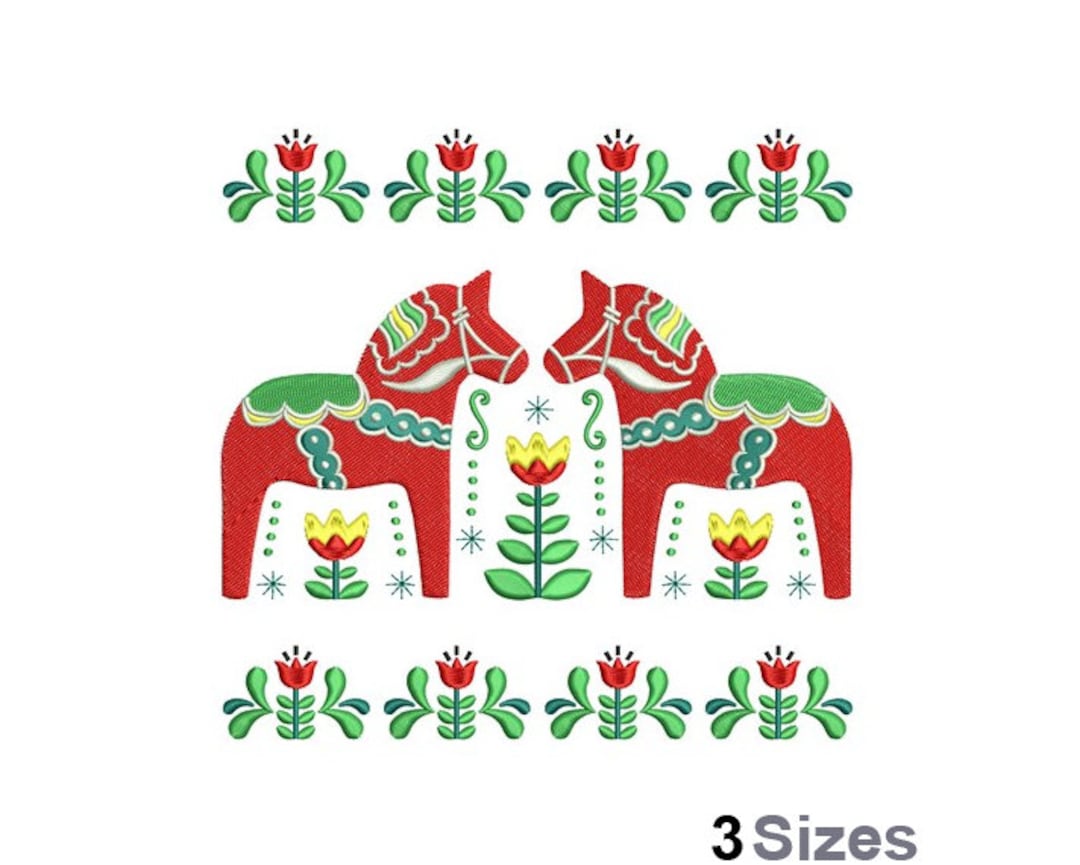 Swedish Horses - Machine Embroidery Design - 3 Sizes, Floral Border ...