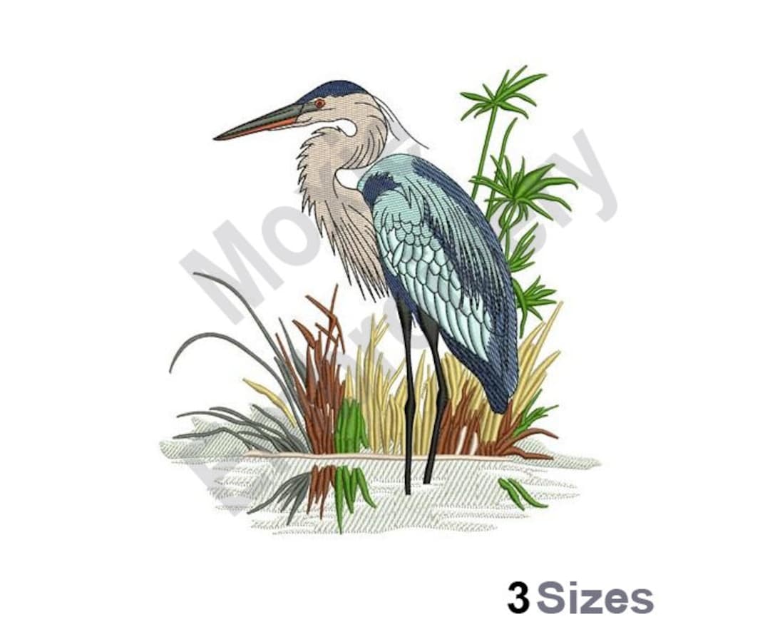Heron - Machine Embroidery Design - 3 Sizes, Great Blue Heron in Swamp ...