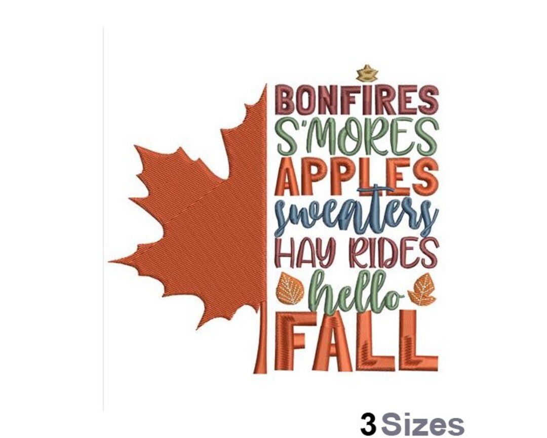 Hello Fall - Machine Embroidery Design - 3 Sizes, Maple Leaf Embroidery ...