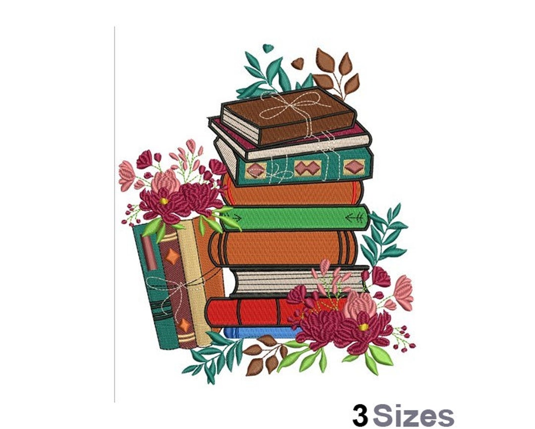 Floral Stack of Books - Machine Embroidery Design - 3 Sizes, Reading ...