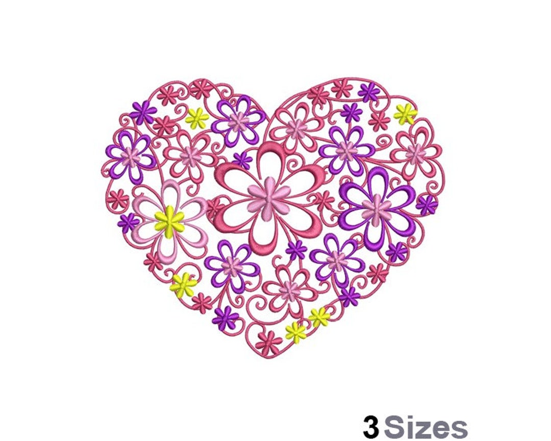 Flowers Love Heart - Machine Embroidery Design - 3 Sizes, Floral Heart ...