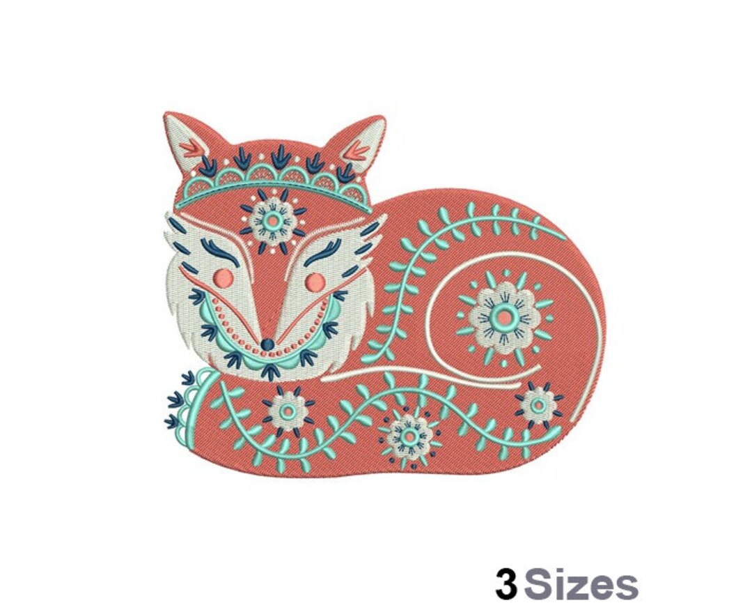 Floral Fox - Machine Embroidery Design - 3 Sizes, Folk Art Fox ...