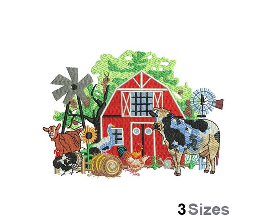 Farm Animals & Red Barn - Machine Embroidery Design - 3 Sizes, Farm ...