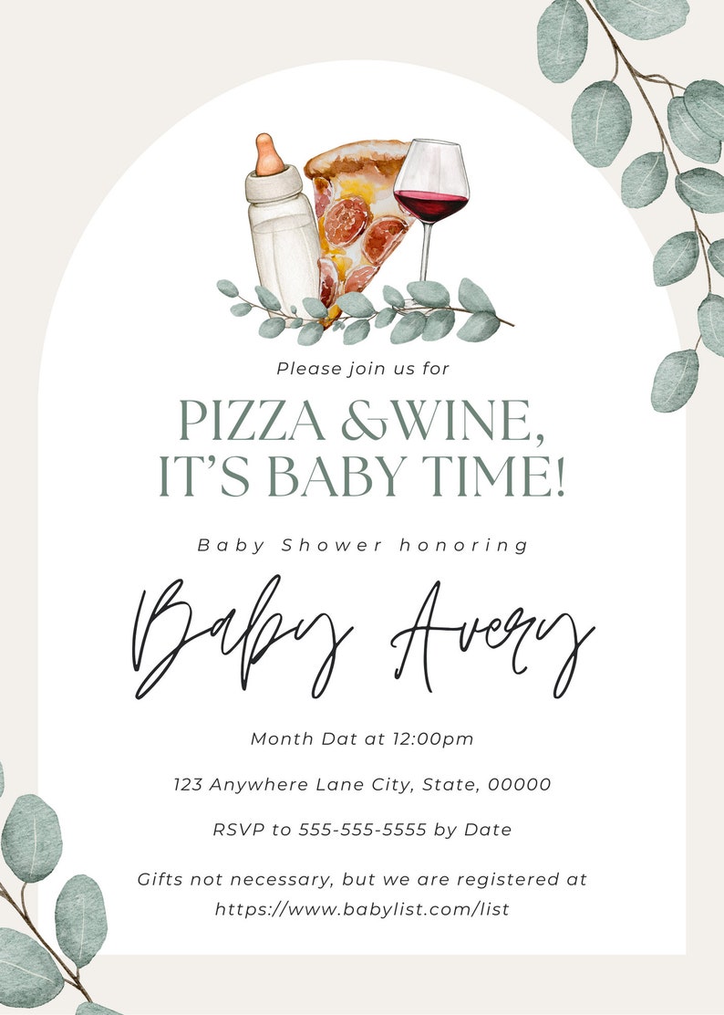 Pizza & Wine, It's Baby Time Digital, Baby Shower Invite, Beer, Bottles ...