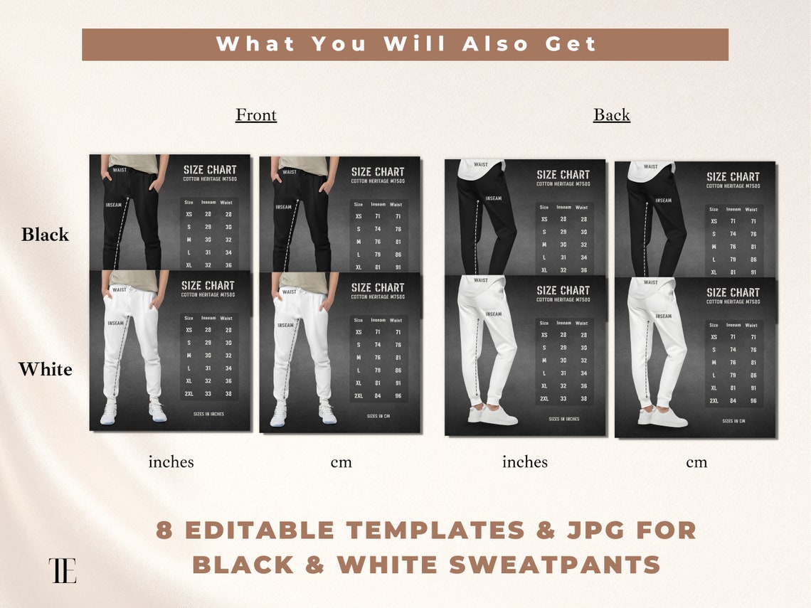 Cotton Heritage M7580 Size Chart Mockup, Unisex Fleece Sweatpants Women Men Sizing Measurement ...