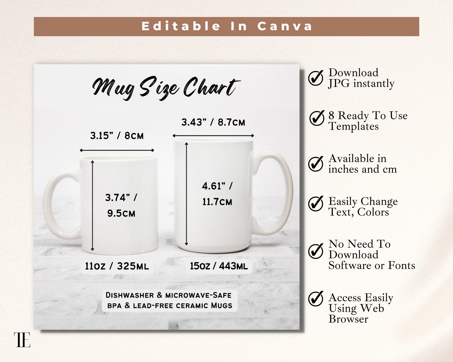 Minimalist Mug Size Chart, Coffee Mug Mockup , 11oz and 15oz White Mug ...