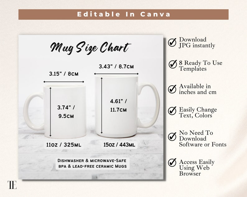 Minimalist Mug Size Chart, Coffee Mug Mockup , 11oz and 15oz White Mug ...