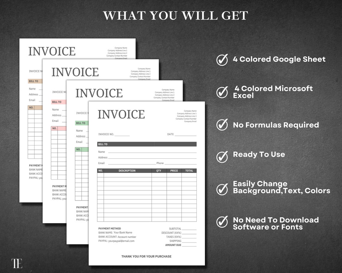 Invoice Template Excel, Google Sheet Spreadsheet Template, Auto ...