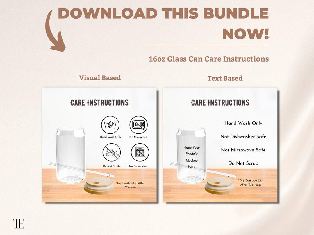 16oz Glass Can Care Instructions Card Glassware Care Guide Sipper Glass ...