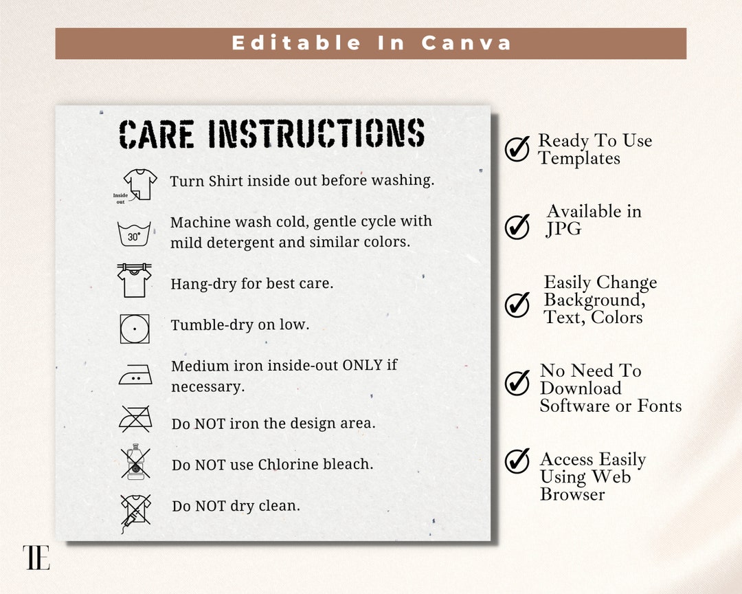 Shirt Care Instructions and Washing Instructions Care Card for Bella ...