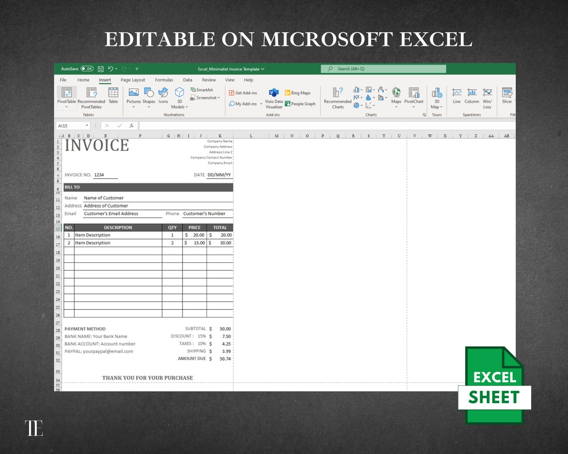 Invoice Template Excel, Google Sheet Spreadsheet Template, Auto ...