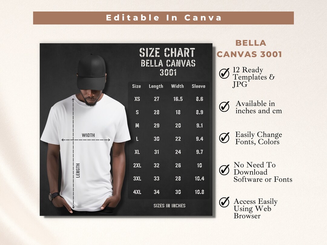 Bella Canvas 3001 Size Chart Male Model White T Shirt Mockup Editable ...
