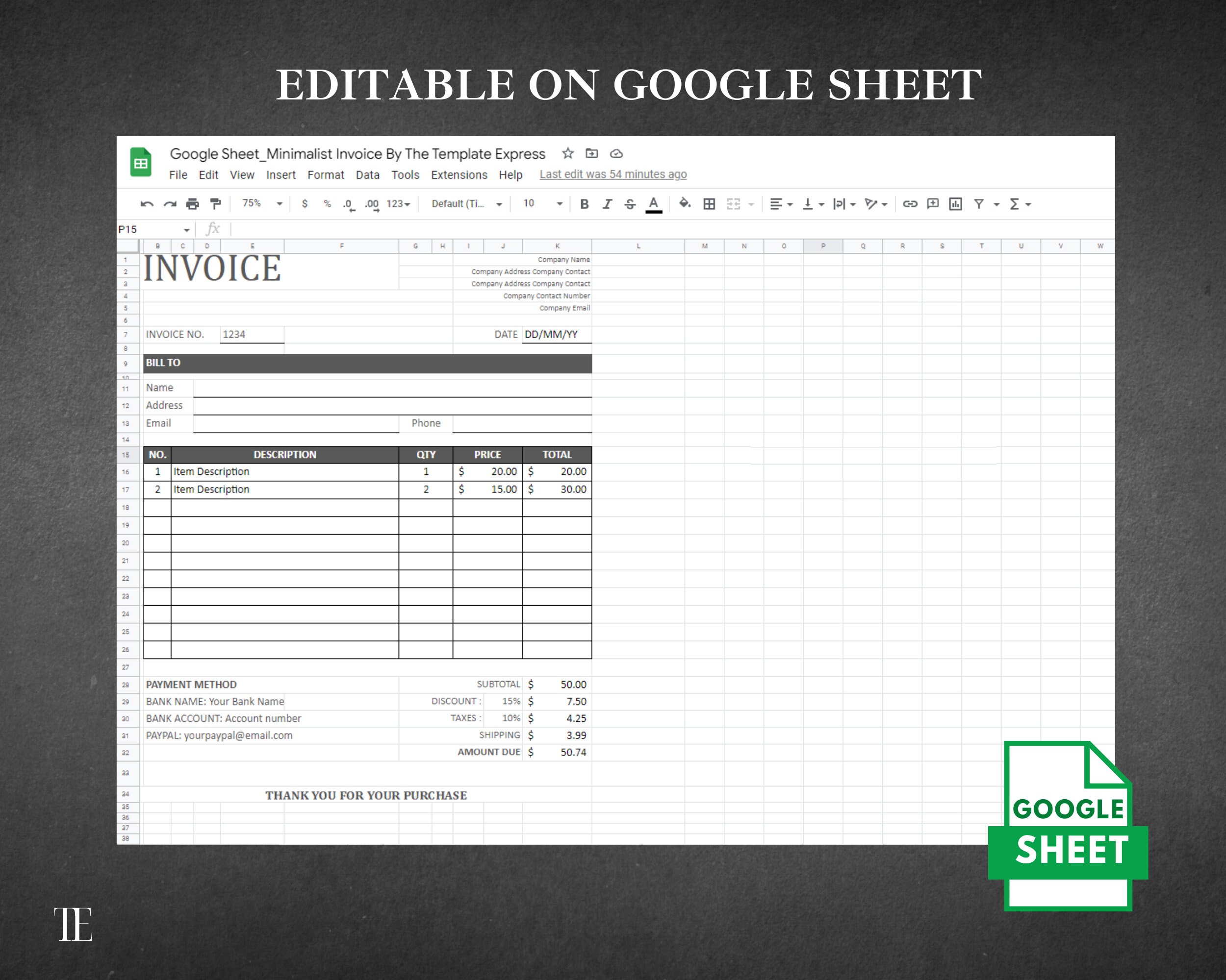 Invoice Template Excel, Google Sheet Spreadsheet Template, Auto ...