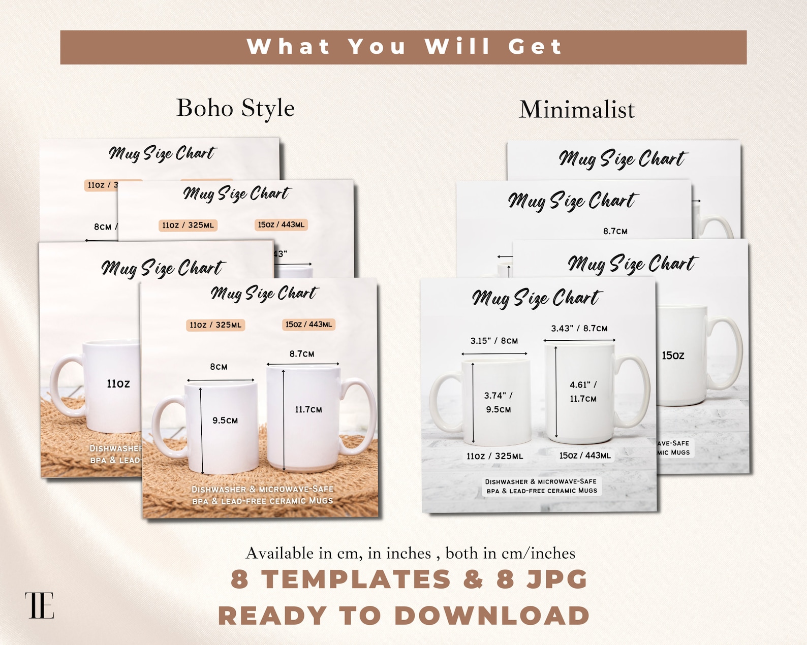 White Mug Size Chart, Coffee Mug Mockup Boho Style, 110z and 15oz Mug ...