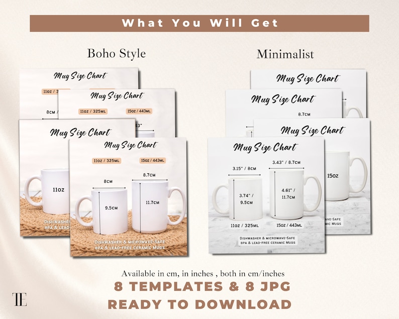 Minimalist Mug Size Chart, Coffee Mug Mockup , 11oz and 15oz White Mug ...