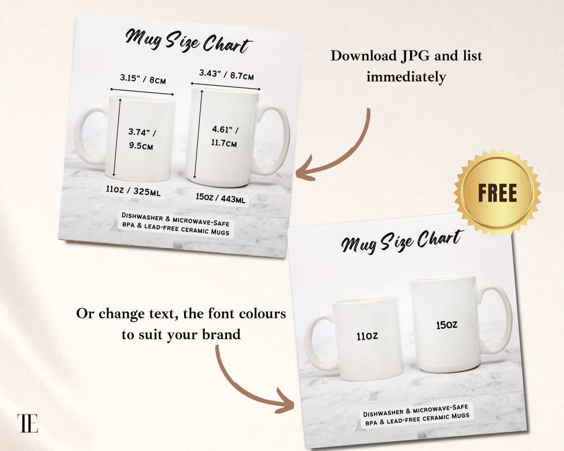 Minimalist Mug Size Chart, Coffee Mug Mockup , 11oz and 15oz White Mug ...