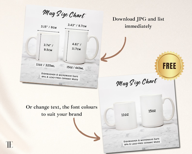 Minimalist Mug Size Chart, Coffee Mug Mockup , 11oz and 15oz White Mug ...
