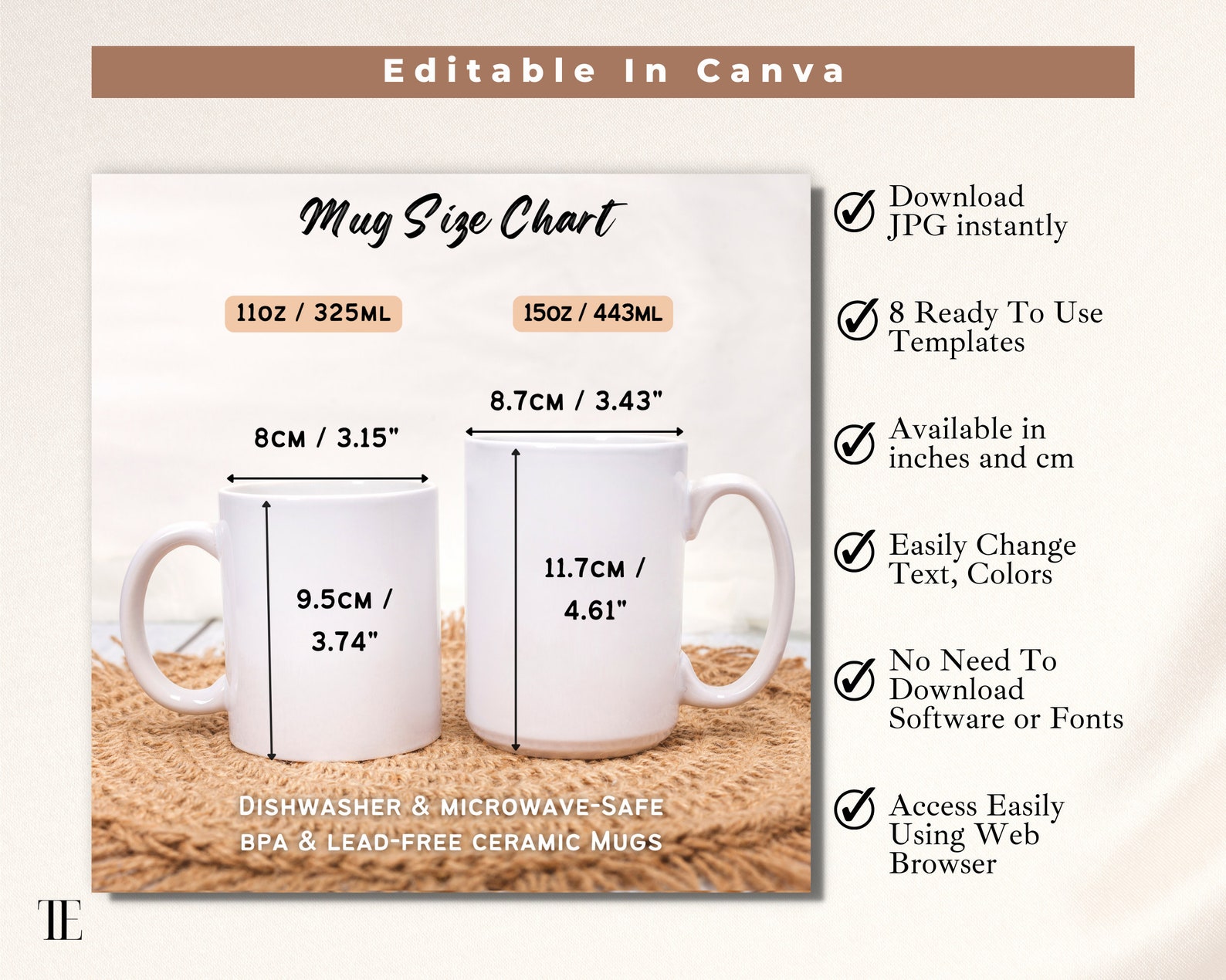 White Mug Size Chart, Coffee Mug Mockup Boho Style, 110z and 15oz Mug ...