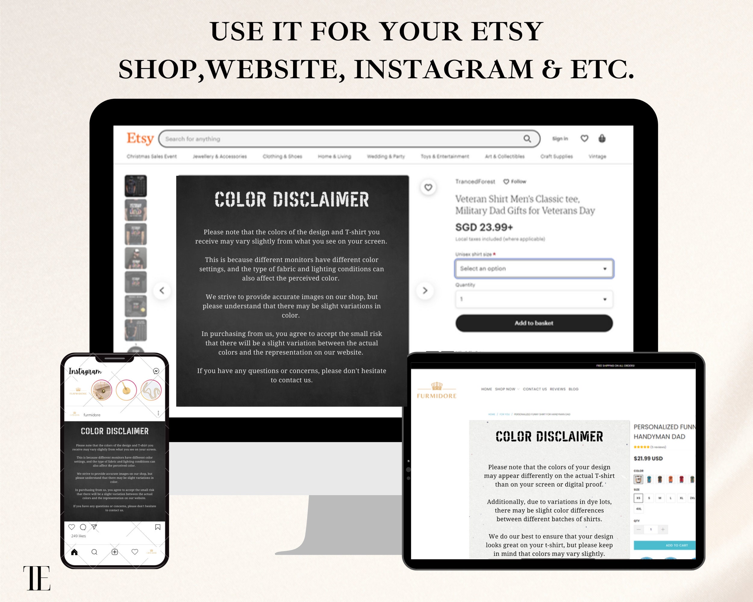Color Disclaimer Etsy Shop Policy Template, Direct to Garment DTG ...