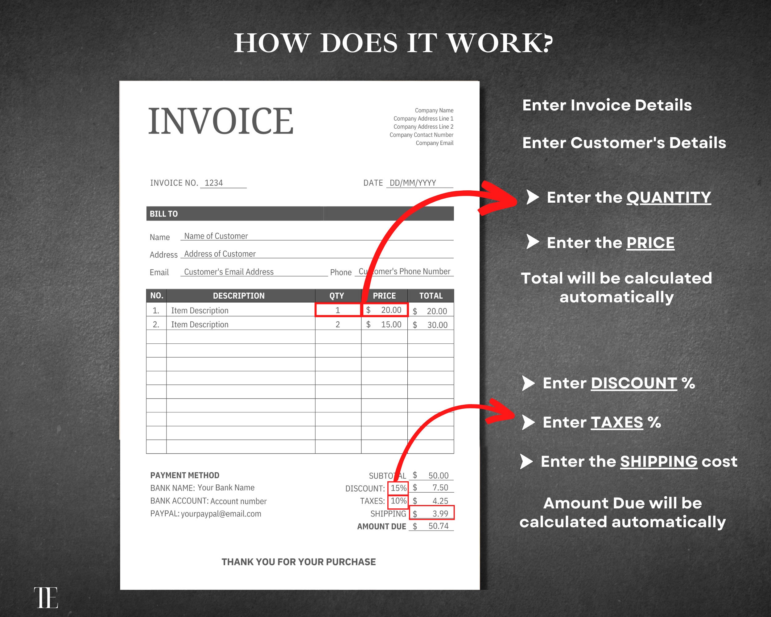 Invoice Template Excel, Google Sheet Spreadsheet Template, Auto ...
