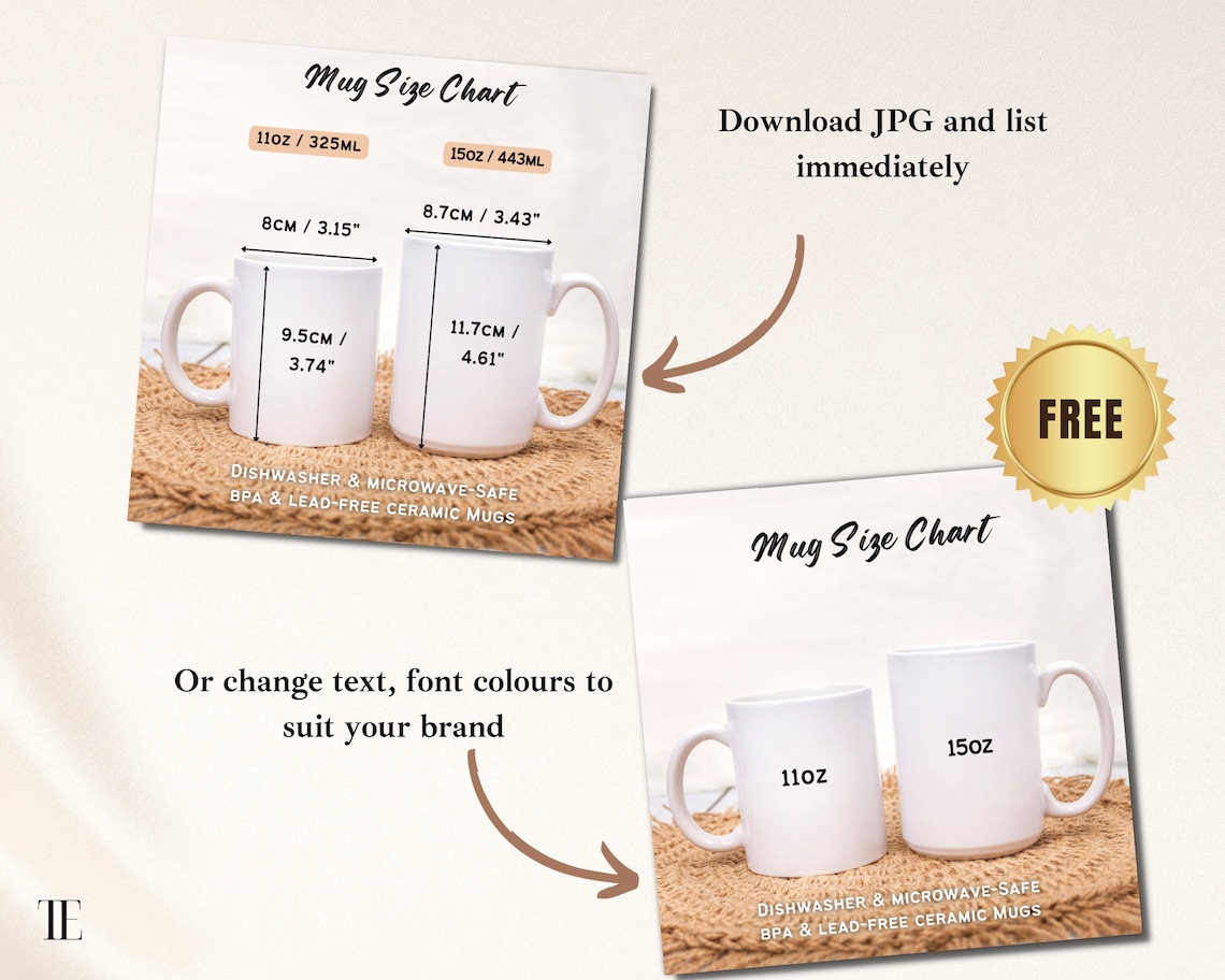 White Mug Size Chart, Coffee Mug Mockup Boho Style, 110z and 15oz Mug ...