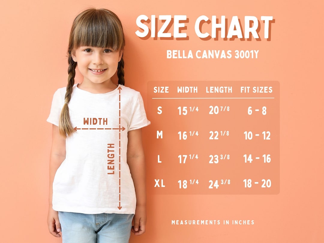 Kids Size Chart Bella Canvas 3001Y Youth Tee Girl Model Size Guide for Etsy Shop, Ecommerce ...