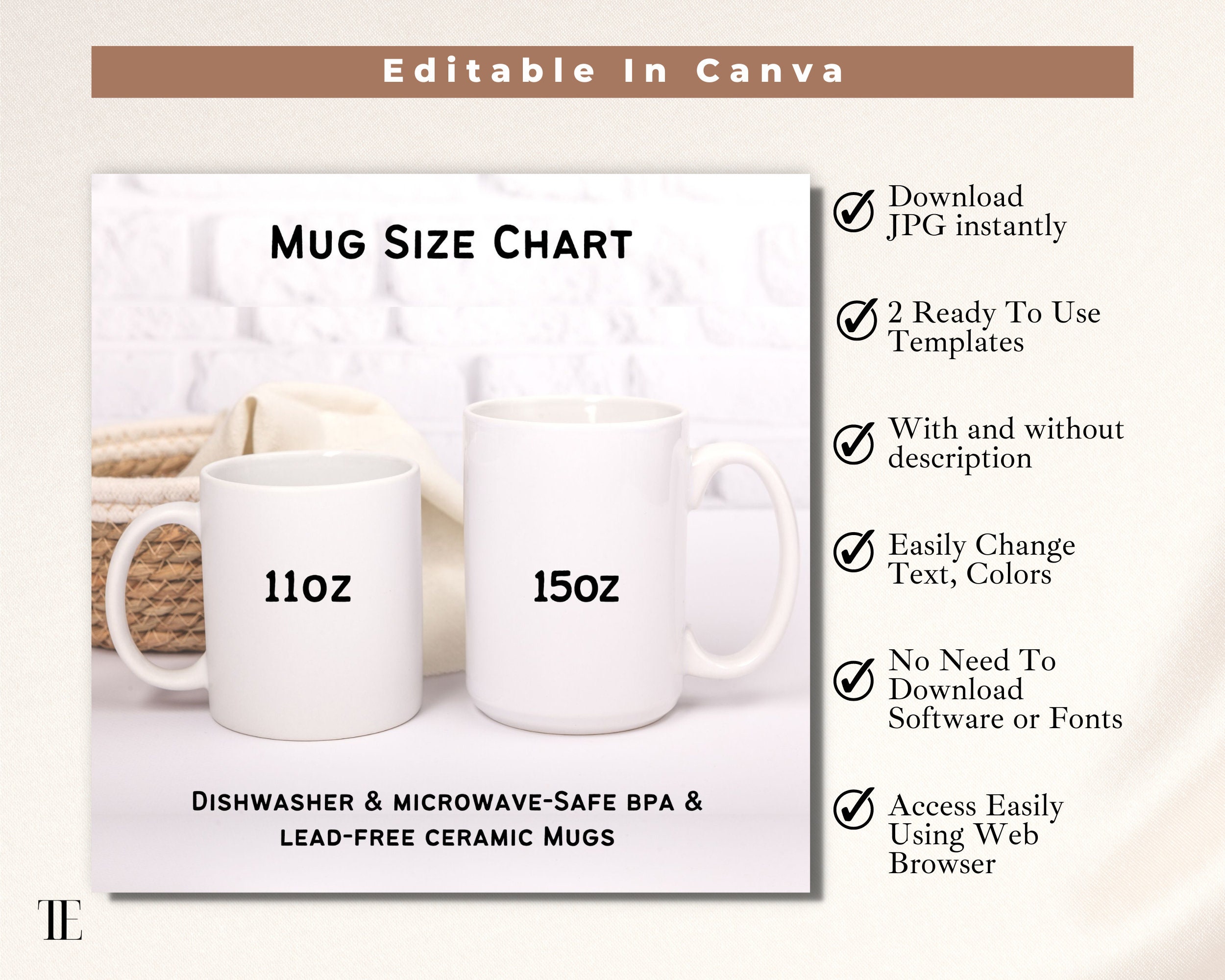 Mug Size Mockup, Size Chart for Coffee Mug, 11oz and 15oz White Mug ...