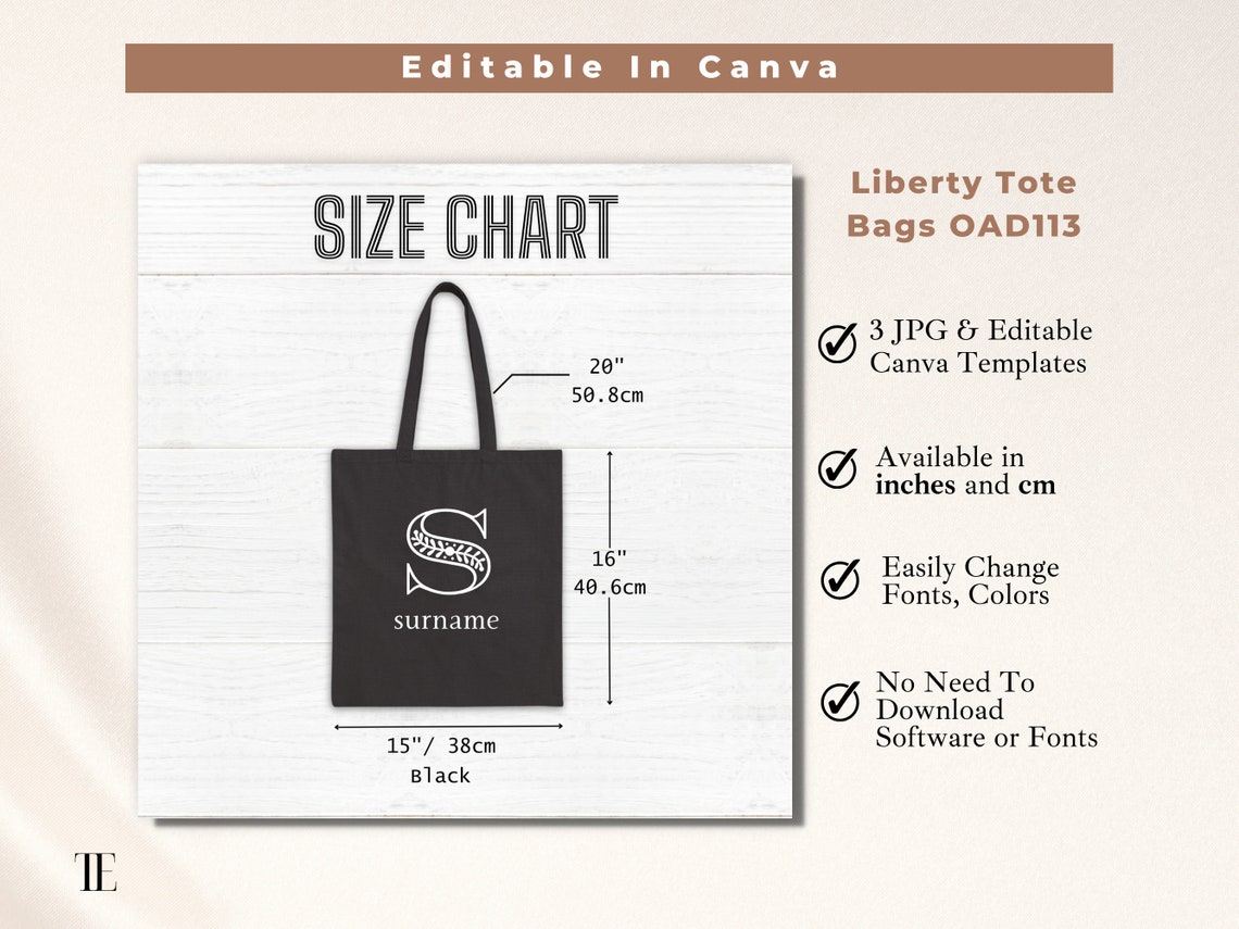 Liberty Bags OAD113 Canvas Tote Bag Size Chart Mockup Template, Black ...