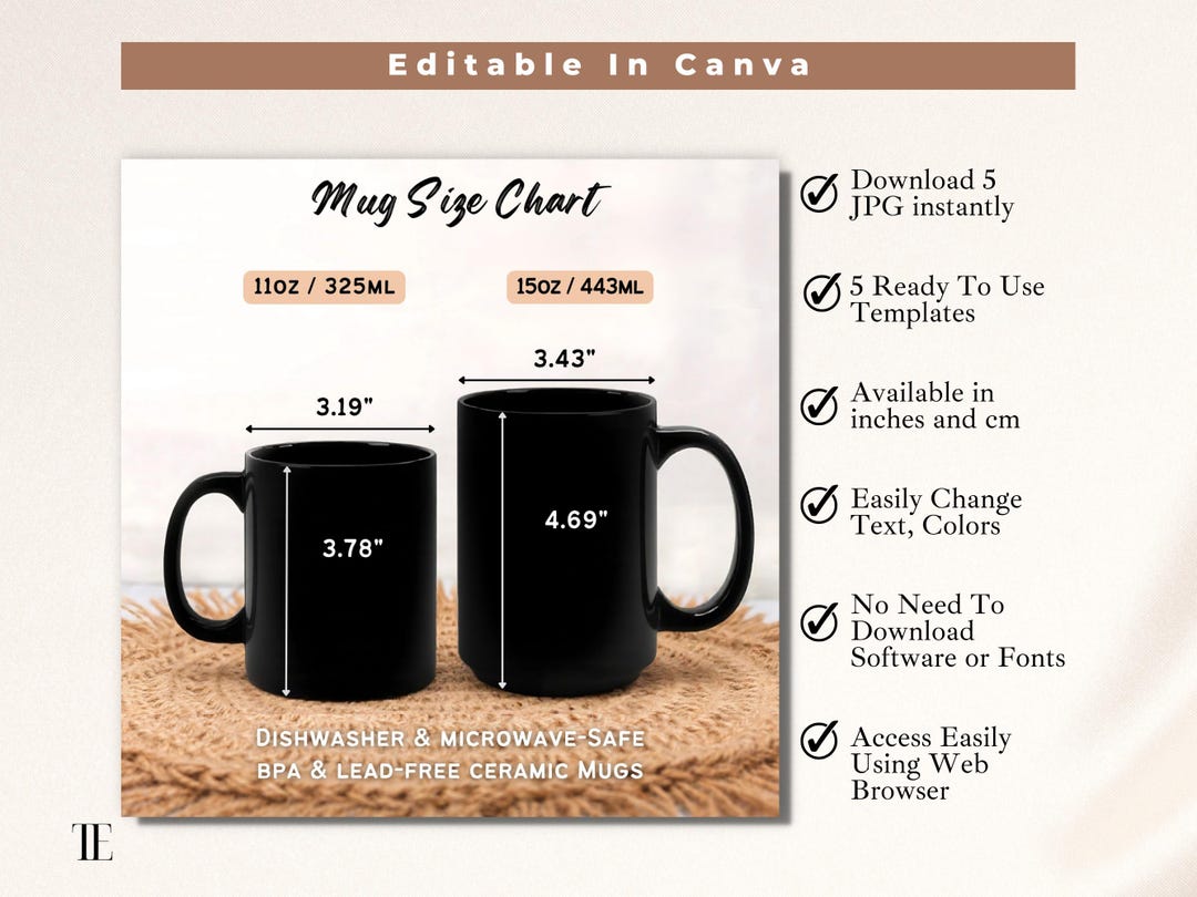 Black Coffee Mug Mockup Size Chart Template Boho Style 11oz and 15oz ...