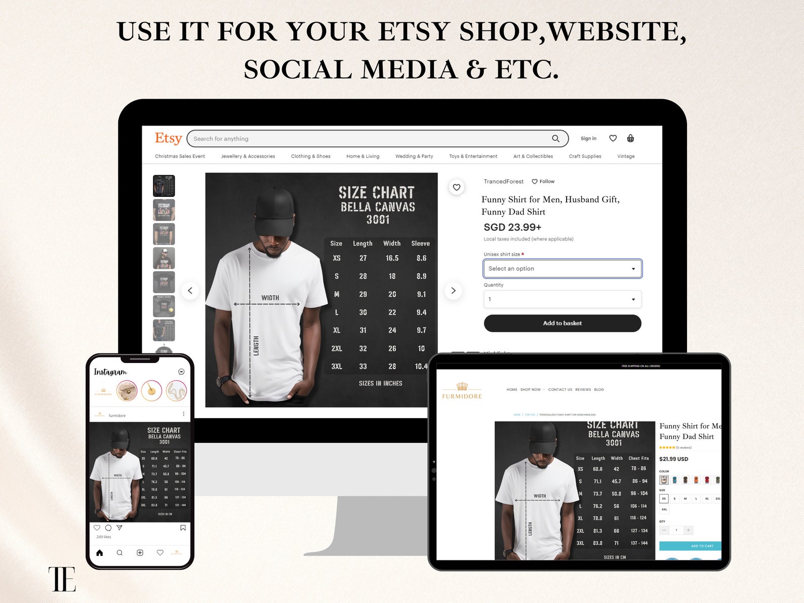Bella Canvas 3001 Size Chart Male Model White T Shirt Mockup Editable ...