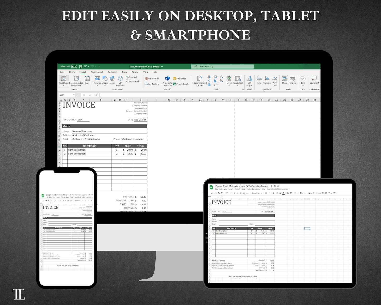 Invoice Template Excel, Google Sheet Spreadsheet Template, Auto ...