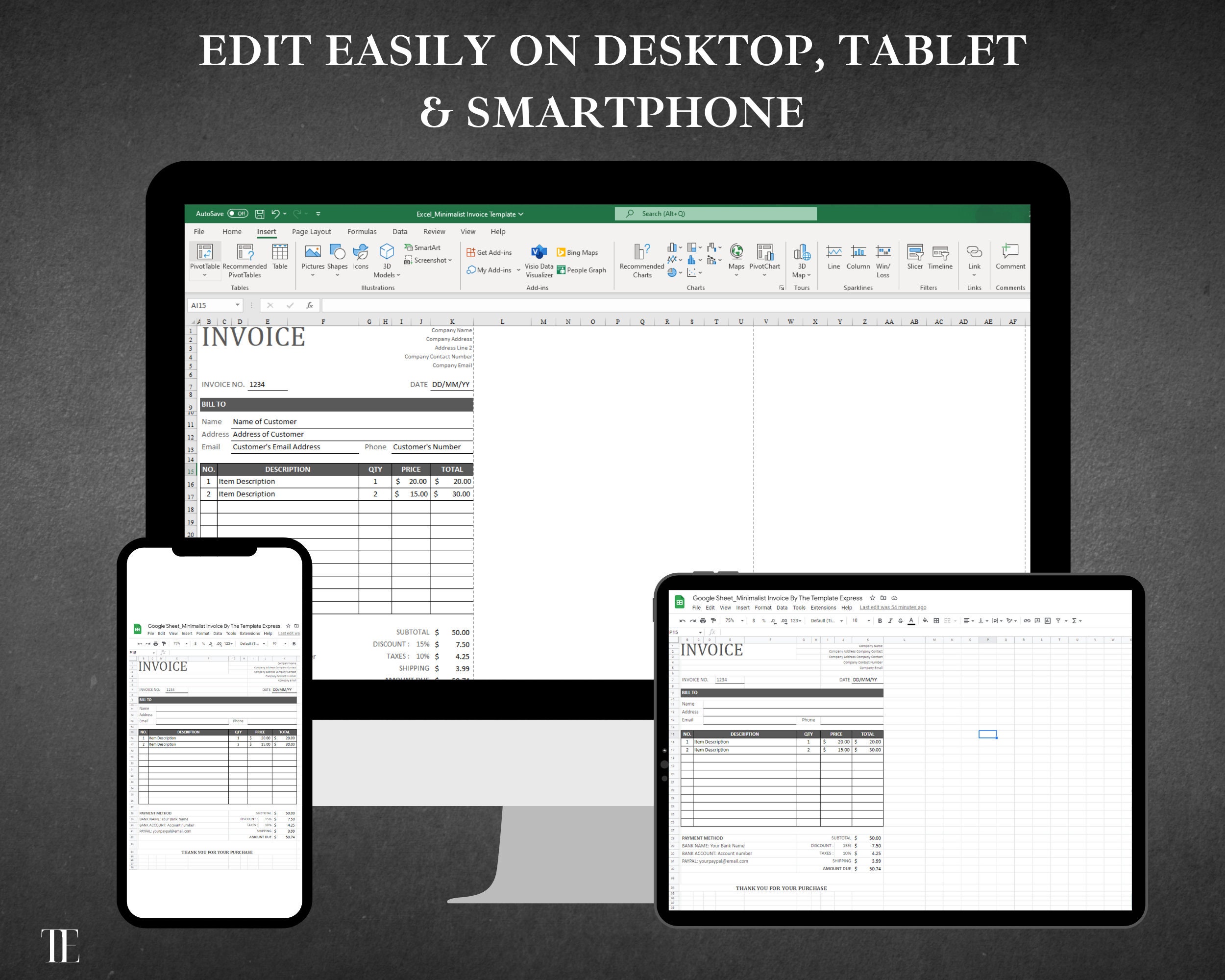 Invoice Template Excel, Google Sheet Spreadsheet Template, Auto ...