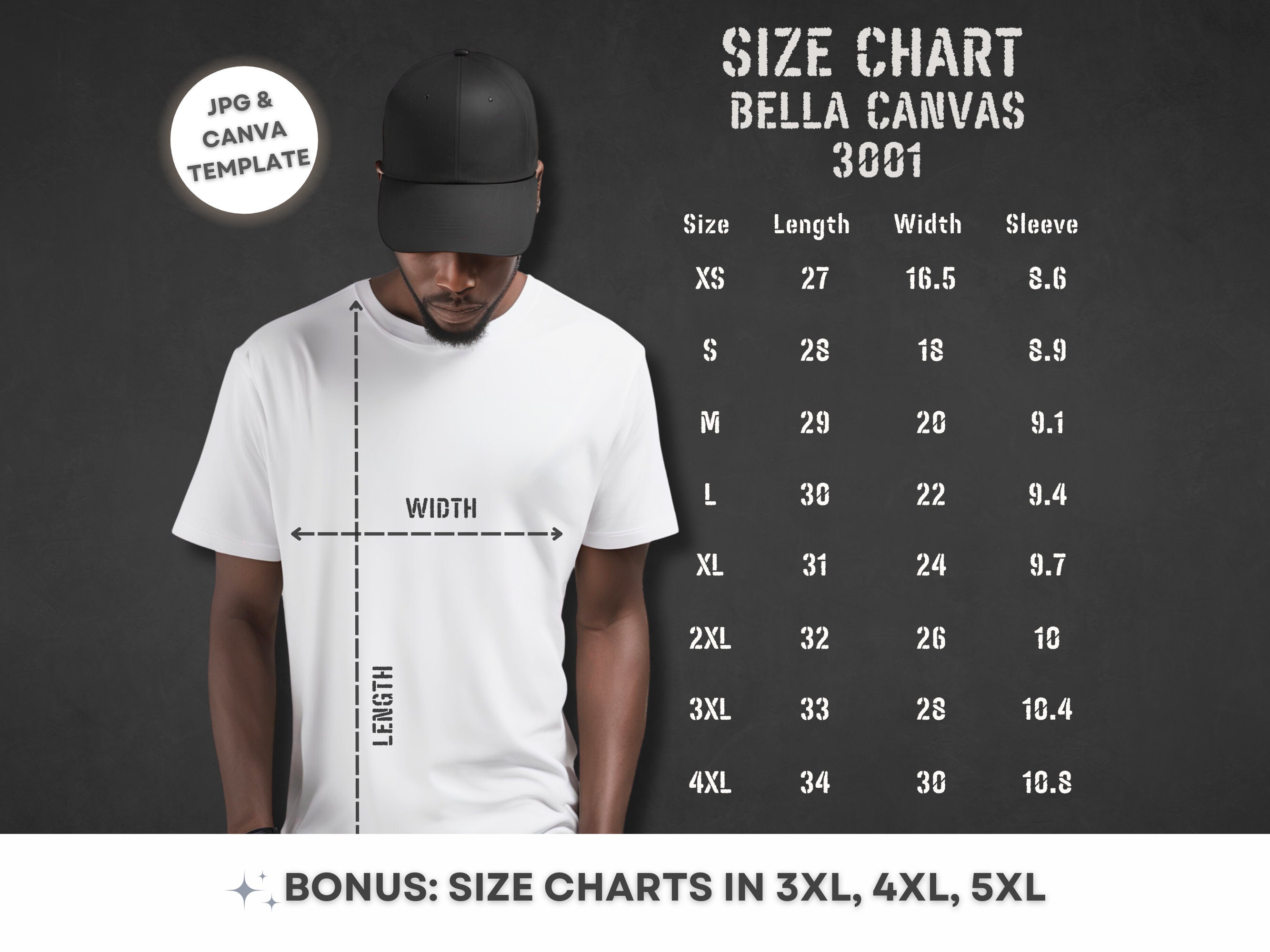 Bella Canvas 3001 Size Chart Male Model White T Shirt Mockup Editable ...