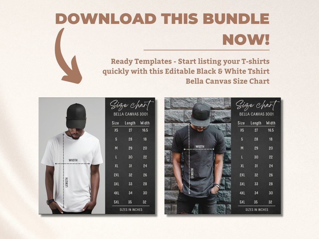 Bella Canvas 3001 Size Chart, Male Model Mockup Black and White T Shirt ...