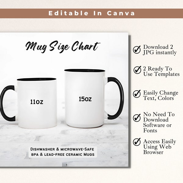 White Mug Size Chart, Coffee Mug Mockup Boho Style, 110z and 15oz Mug ...