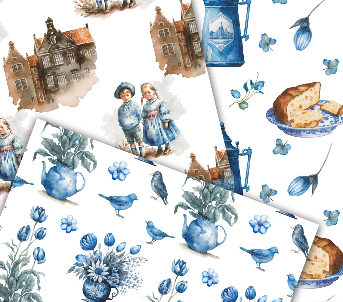 Delft Blue Vintage Dutch Paper Set, Dutch Watercolor Digital Paper ...