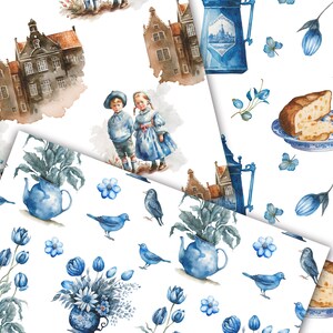 Delft Blue Vintage Dutch Paper Set, Dutch Watercolor Digital Paper ...