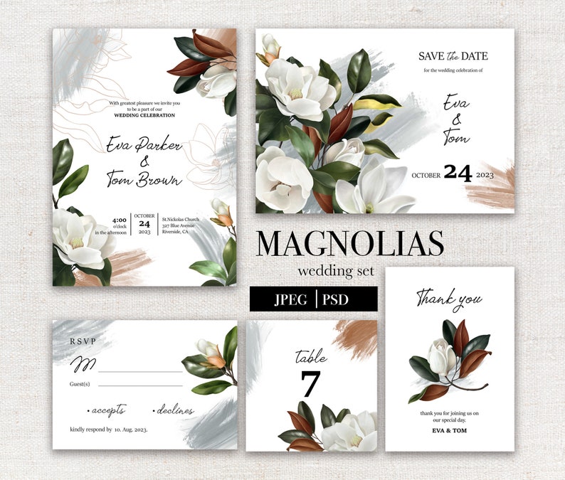 Magnolia Floral Wedding Invitations Set Template, Printable Invites ...