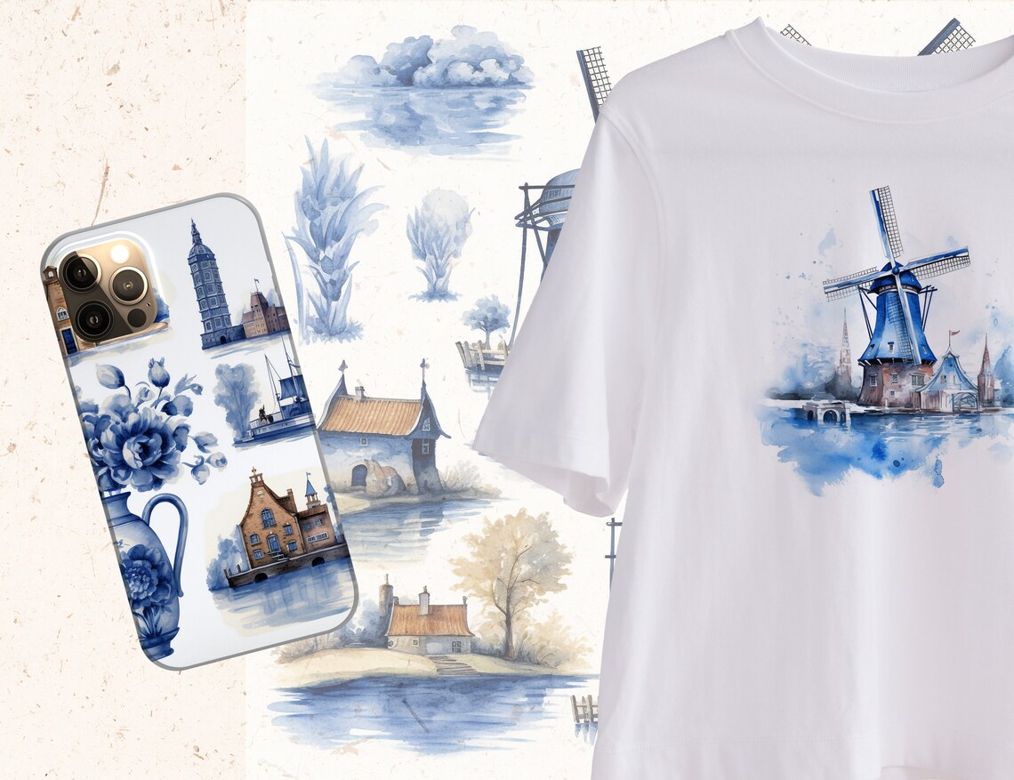 Dutch Delft Blue Digital Paper, Holland Windmill, Landscape, Dutch ...
