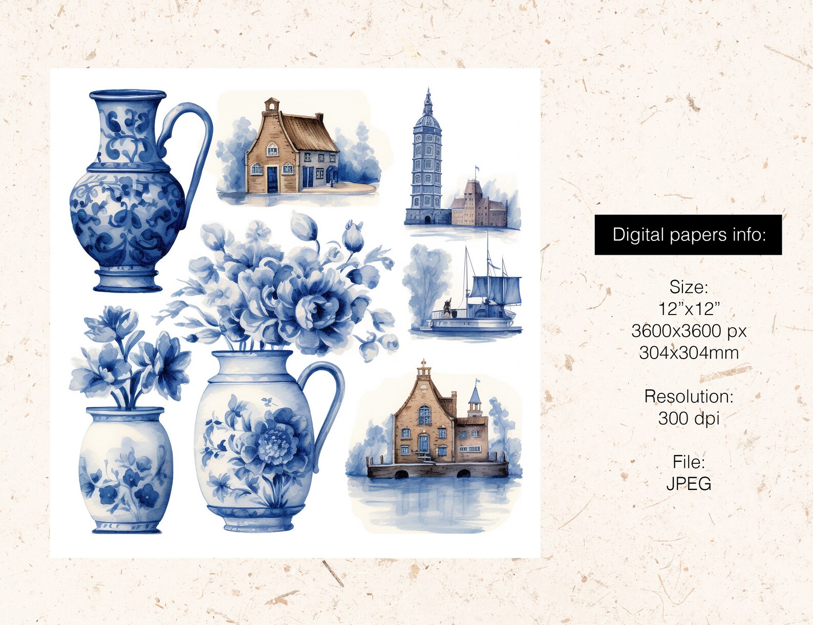 Dutch Delft Blue Digital Paper, Holland Windmill, Landscape, Dutch ...