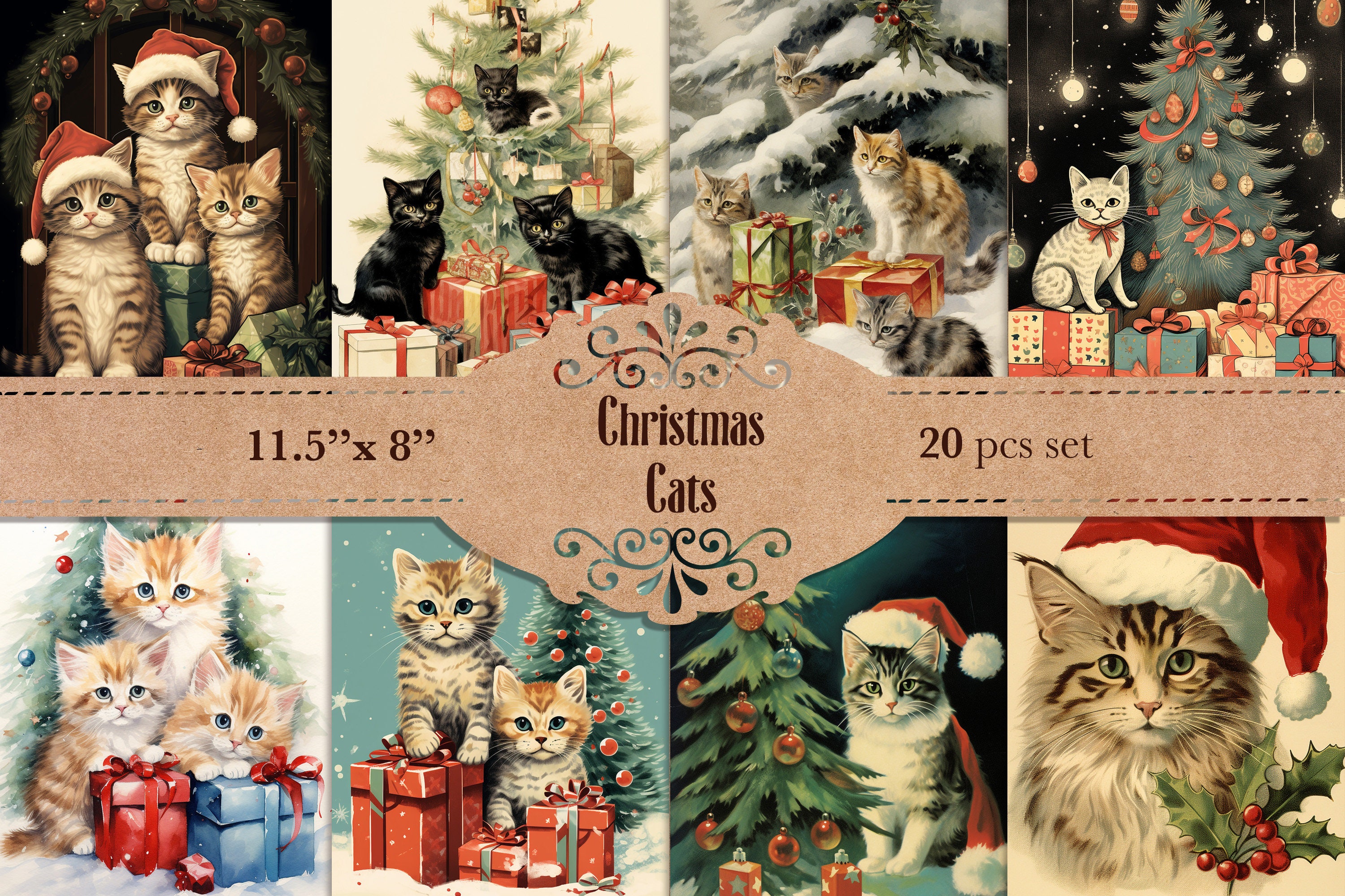 Christmas Cats Clipart, Vintage Christmas Cards, Ephemera, Junk Journal ...