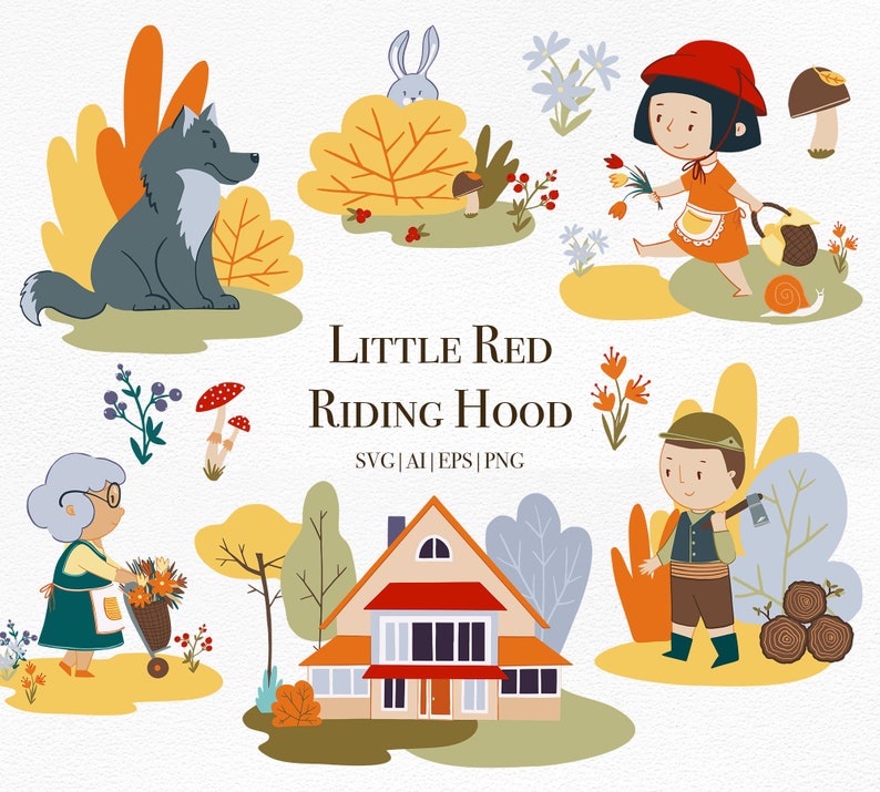 Little Red Riding Hood Vector Clipart, Woodland Animals, Kids Story ...
