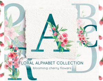 Cherry Blossom Floral Alphabet Clipart, Watercolor Letters (PNG, 300dpi ...
