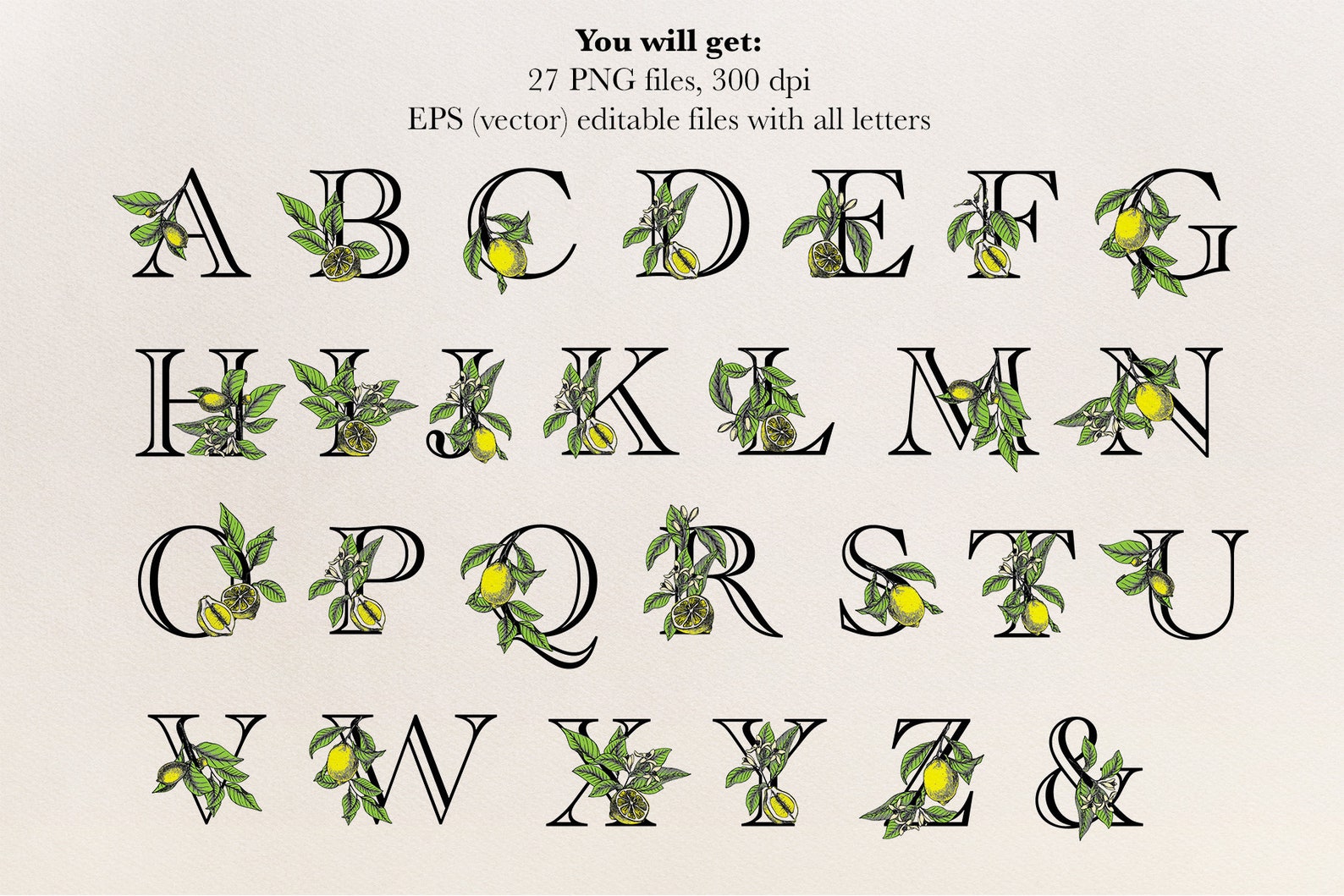 Lemon Alphabet Citrus Letters Yellow Lemon Lime ABC Digital Graphic Set ...