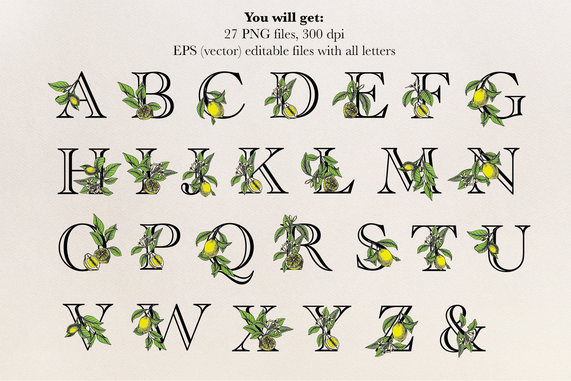 Lemon Alphabet Citrus Letters Yellow Lemon Lime ABC Digital Graphic Set ...