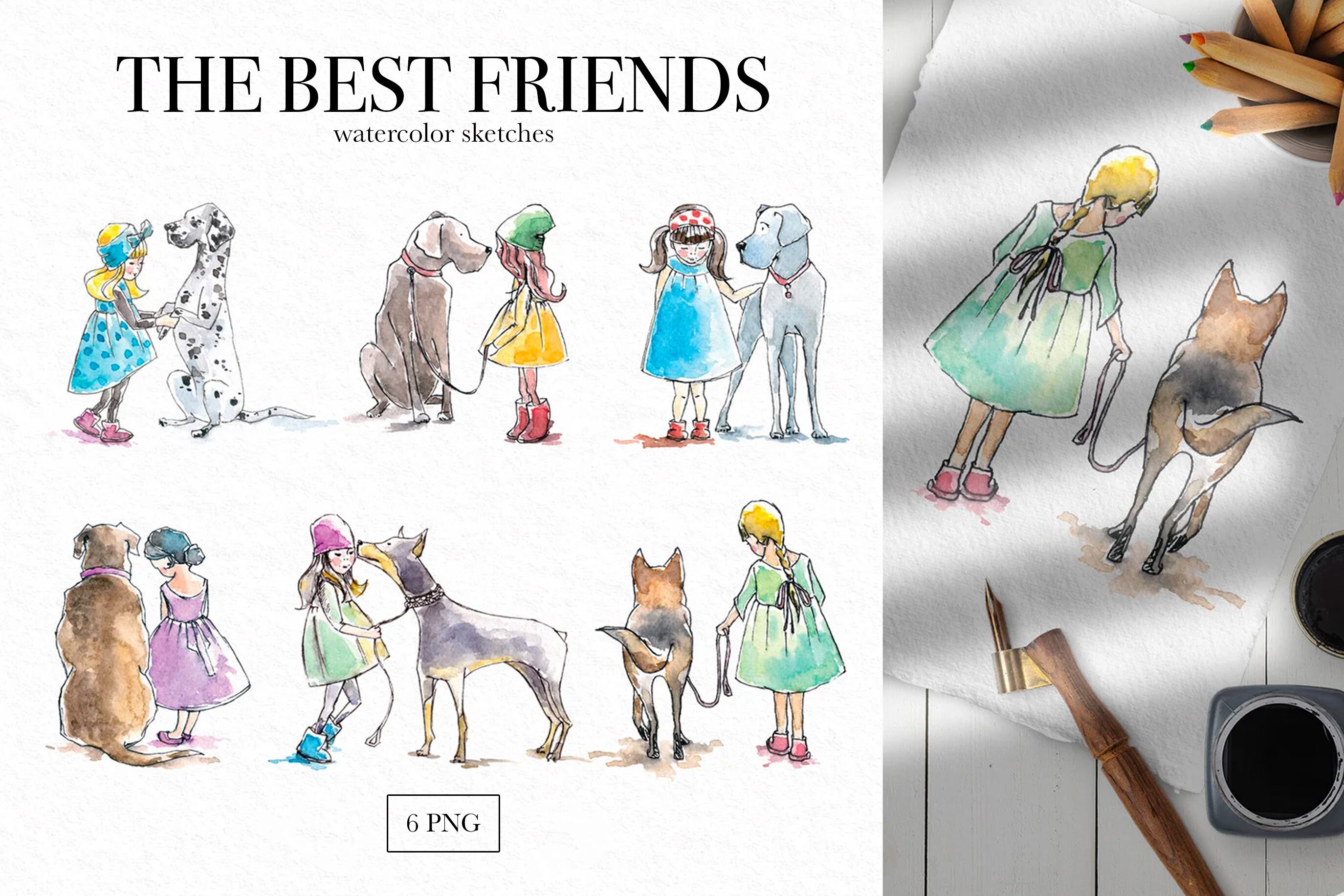 Girls and Dogs Clip Art , Kids Characters, Dogs Watercolor, Little Baby ...